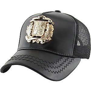 KBVT-DR001 BLK (GLD) Dominican Republic Gold Badge Wolf Rooster Tuna Trucker Cap Adjustable Snapback Hat