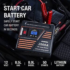JF.EGWO 2000A Car Jump Starter with Air Compressor, 22000mAh Battery Booster (Up to 8.5L Gas or 8.0L Diesel Engine) &150 PSI Tire Inflator, Built-in 2 USB Ports and 2 LED Light