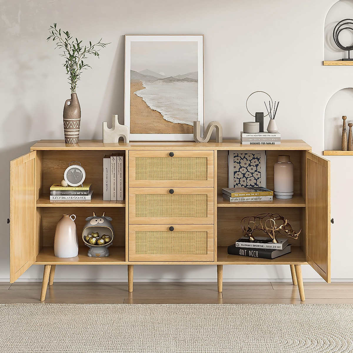 Rattan Sideboard Buffets Cabinet Farmhouse Boho Buffet Sideboard with 3 Drawers and 2 Doors Storage Cabinet Adjustable Shelves Console Table Cupboard Accent Cabinet for Living Room Kitchen