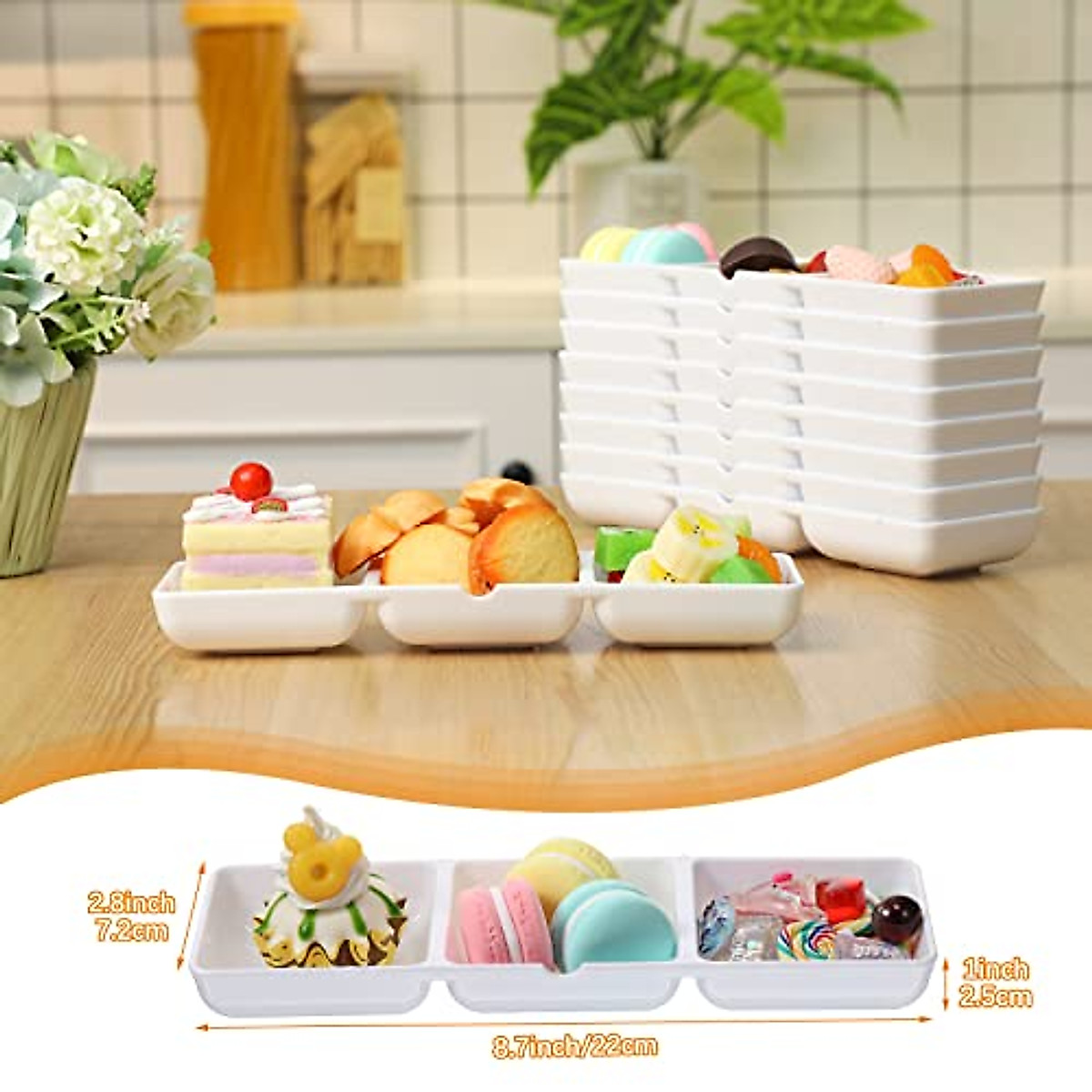12 Pcs Small White Plastic Appetizer Serving Tray 3 Compartment Serving Dishes Reusable Stackable Sectional Serving Platter Rectangular Divided Split Dish for Restaurant Kitchen Food Candy