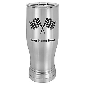 LaserGram 14oz Vacuum Insulated Pilsner Mug, Racing Flags, Personalized Engraving Included (Stainless Steel)