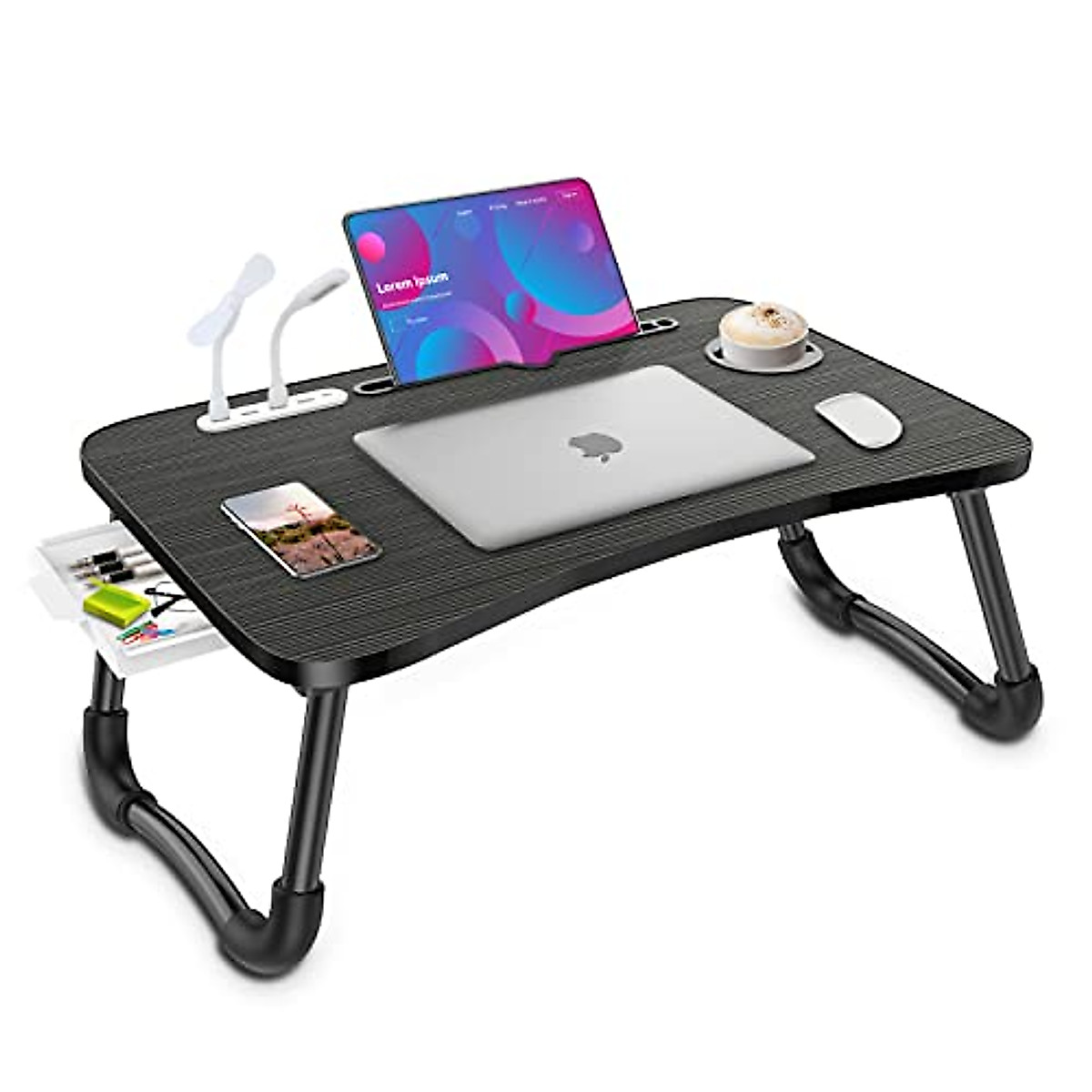Zapuno Laptop Lap Desk, Foldable Laptop Table Tray with 4 USB Ports Storage Drawer and Cup Holder, Laptop Bed Desk Laptop Stand for Bed Lap Tray Portable Standing Table for Bed Couch Floor