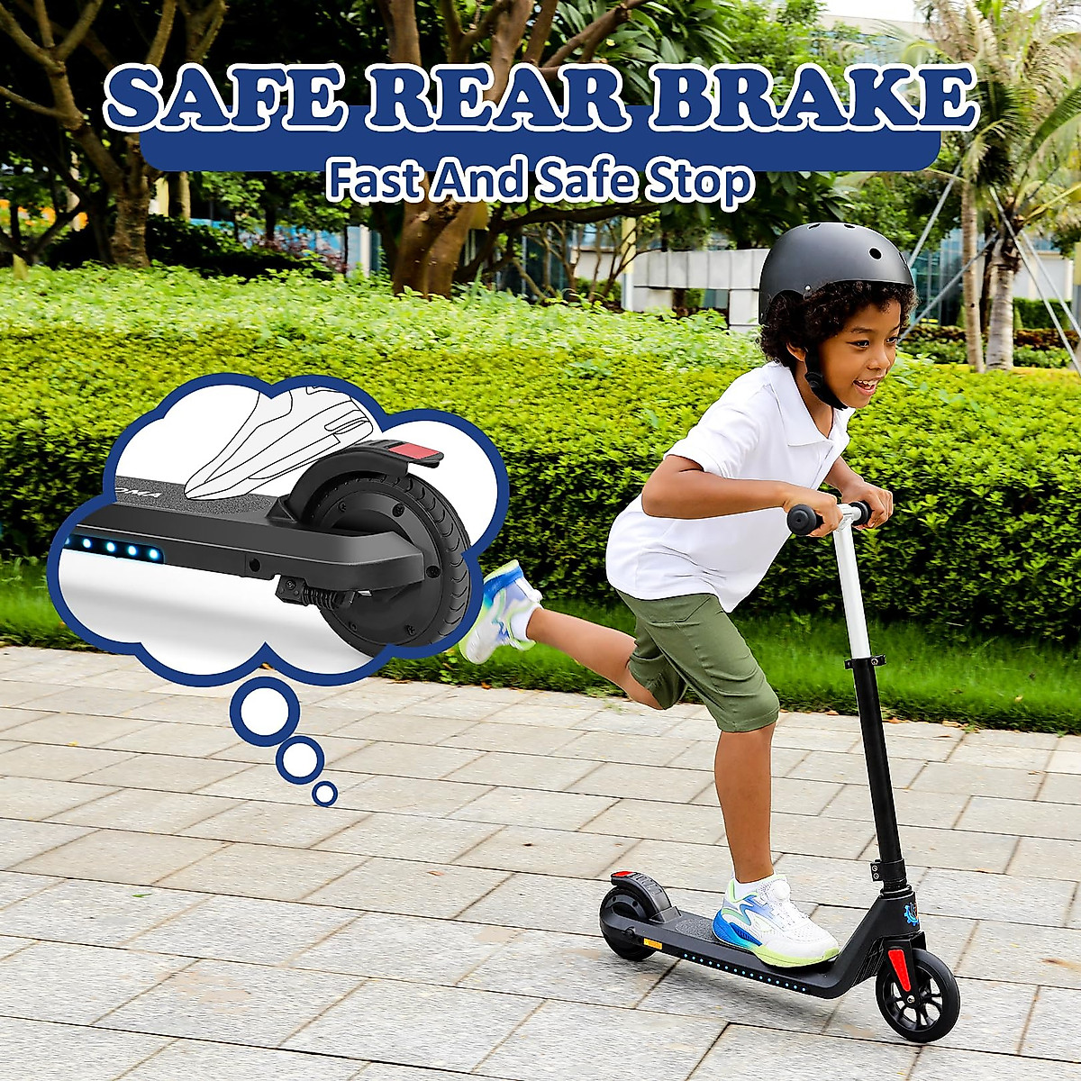 Caroma Electric Scooter for Kids Ages 6-8, Kick-Start Boost Kids Scooters for Boys/Girls, Max 6 Miles & 10 MPH, Electric Kick Scooter for Kids with Adjustable Height & Deck Lights, 120W