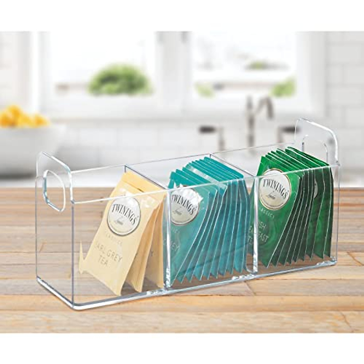 mDesign Plastic Condiment Organizer and Tea Bag Holder - 3-Compartment Kitchen Pantry/Countertop Storage Caddy - Divided Chip, Snack, Oatmeal Packet Holder - Lumiere Collection - Clear