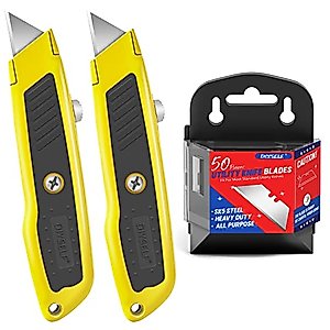DIYSELF 2 Pack Box Cutter Retractable Set, Retractable Utility Knife with 50 Pack Utility Knife Blades, SK5 Steel Box Cutter Blades, Heavy Duty Utility Knife for Carton, Cardboard and Box (Yellow)