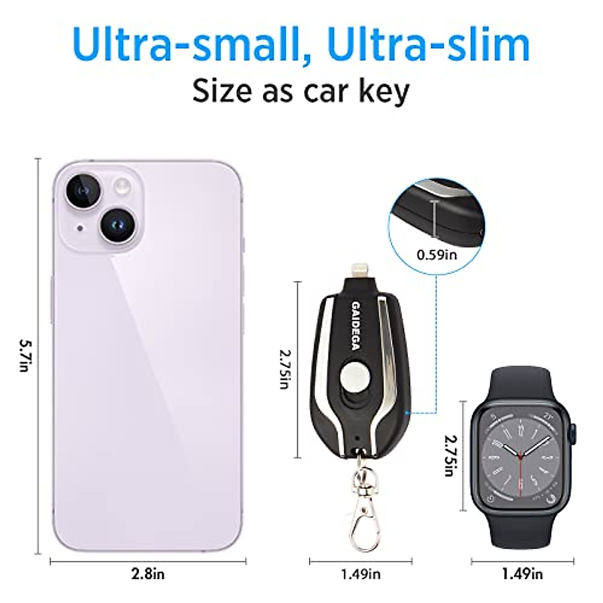 GAIDEGA Keychain Portable Charger for iPhone, Mini Power Emergency Pod, 100% Full Capacity External Fast Charging Power Bank Battery Pack（iOS Connector）