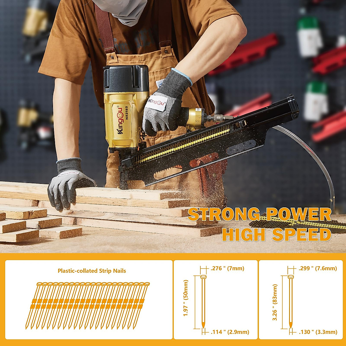 KingOu NR2183 21 Degree Aluminum Magazine, Pneumatic Framing nail gun, 2-Inch up to 3-1/4-Inch Plastic Collated Full Head Framing Nails, Framing, Wooden House Building, Fencing