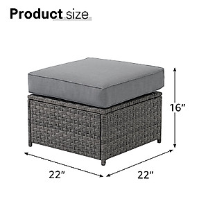 SUNSITT Outdoor Patio Ottoman Set of 2, All Weather Rattan Outdoor Ottoman Set, Grey Wicker Footstool Ottoman Footrest Seat w/Olefin Grey Cushions for Balcony, Porch and Deck