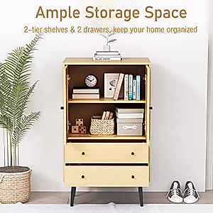 Hcman Sideboard Buffet Cabinet with Storage, Rattan Cabinet with Wooden Legs & 2 Drawers for Entryway, Living Room, Kitchen, Dining Room