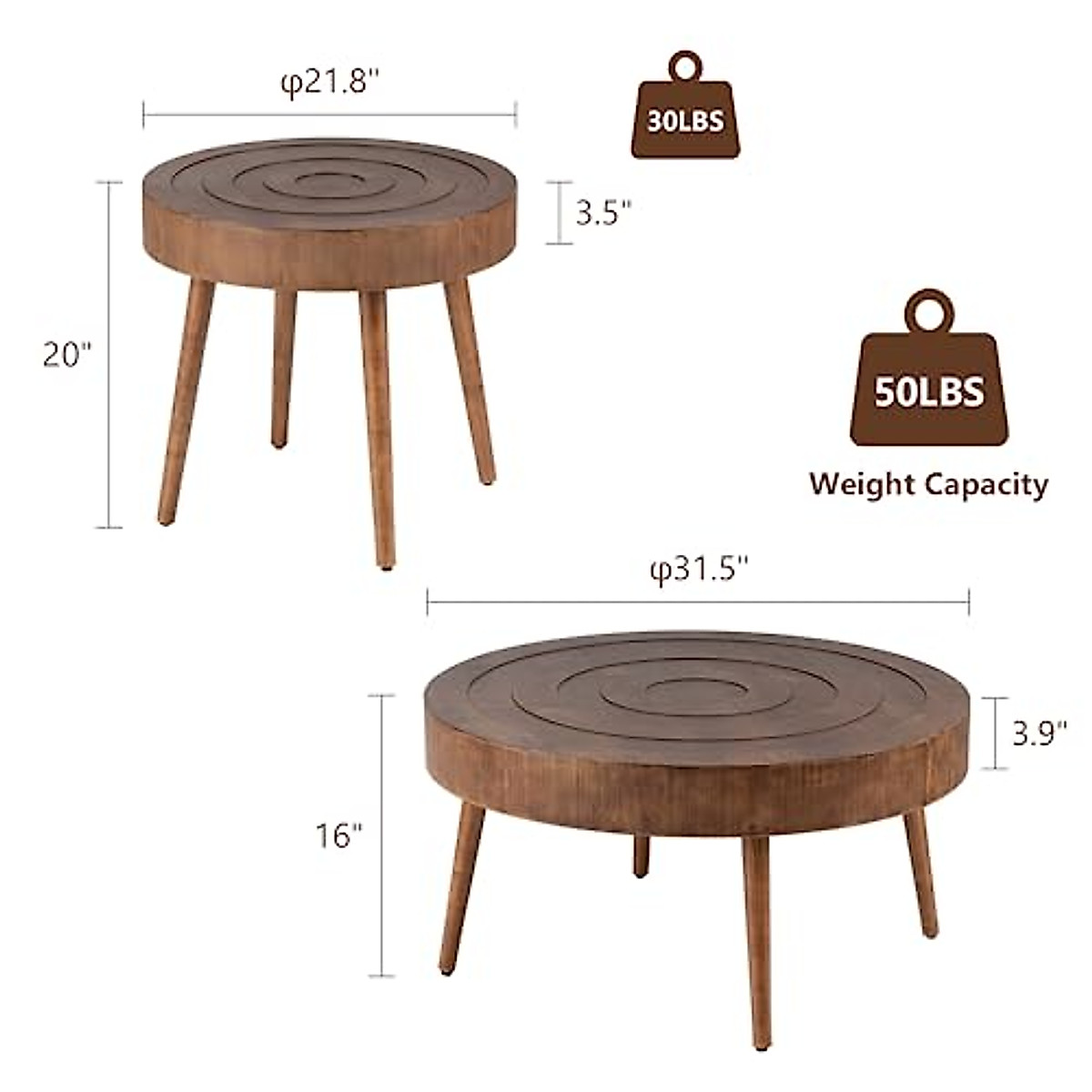 COSIEST 2 Piece Round Coffee Table Set, Modern Nesting Table with Handcrafted Wood Ring Motif, Farmhouse Wood End Table for Living Room
