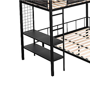 Livavege Twin Over Full Bunk Bed with Shelves & Grid Panel, Detachable L-Shaped Bunk Beds w/Full-Length Guardrails & Ladder for Kids Boys Girls Teens Adults, Metal Bunkbed Frame Wood Slats/Noise-Free