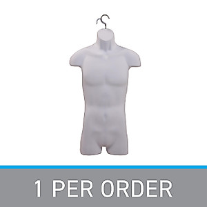 SSWBasics Male Molded Shatterproof White Shapely Torso Form with Hook - Fits Men's Sizes
