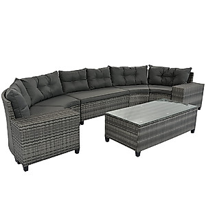 8-Pieces Outdoor Wicker Half-Moon Sectional Sofa Set, All-Weather PE Rattan Wicker Furniture Set with Rectangular Coffee Table and Movable Cushion, Best for Business Conversations (Gray/8-piece*H)