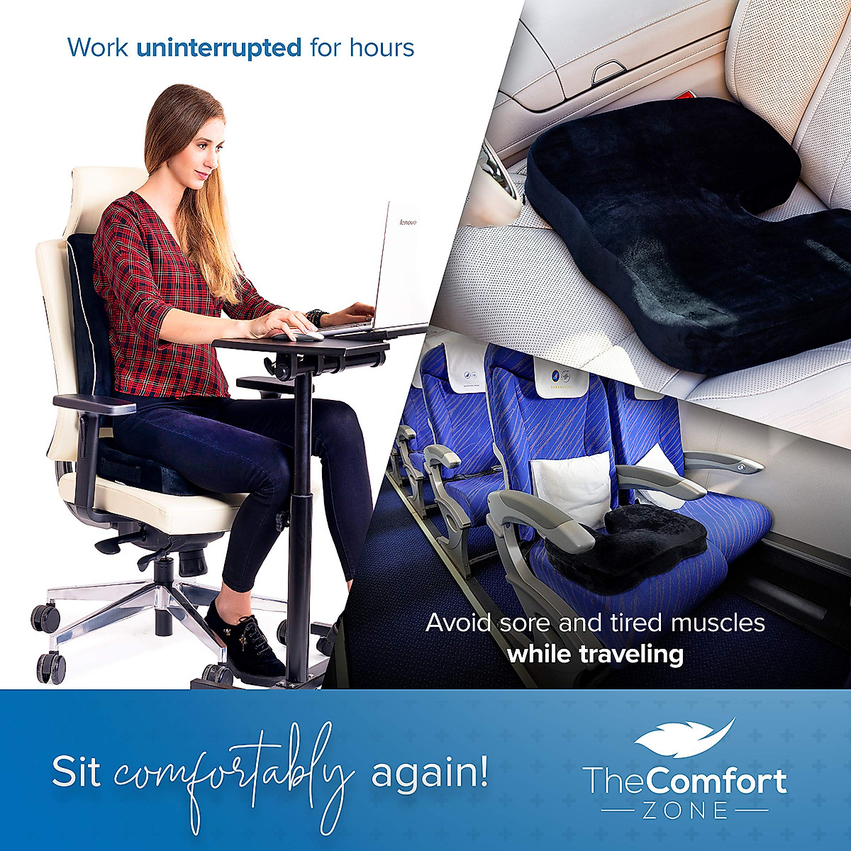 TheComfortZone Seat Cushion for Office Chair Memory Foam Coccyx Cushion Butt Pillow for Sciatica Tailbone & Back Pain Relief Long Sitting Office Desk Gaming Chair Car Seat Cushion Driving-Black