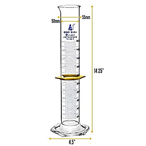 EISCO Graduated Cylinder, 500mL - ASTM, Class B Tolerance ±4.00mL - Protective Collar, Hexagonal Base - Blue Graduations - Borosilicate 3.3 Glass