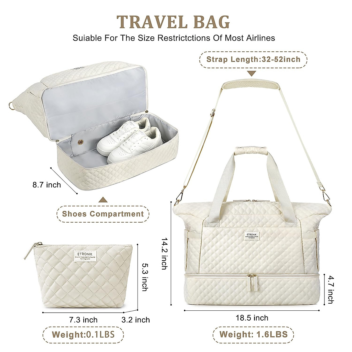 ETRONIK Travel Bag, Weekender Bags for Women, Personal Item Travel Bag with Wet Pocket, Duffel Bag for Travel with Shoes Compartment, 37L Hospital Bag for Labor and Delivery (Beige)