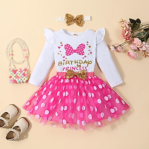 vivifayee Toddler Kids Baby Birthday Girl Outfit Ruffle Long Sleeve Mouse Ears Birthday Shirt Polka Dots Tutu Dress Cute Skirt Sets with Headband