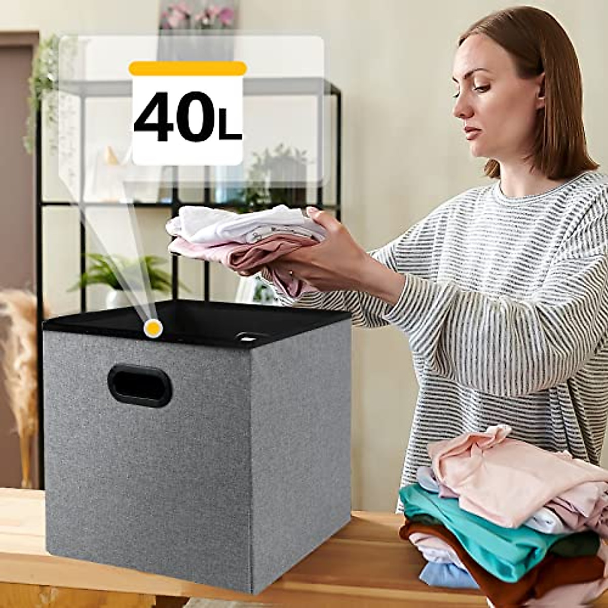 Babion 15 Inches Storage Ottoman Cube, Footrest Stool with Metal Hole Handles& Lid, Folding Storage Ottoman, Box Chest with Foam Padded Seat, Cube Ottoman with Storage, Linen Square(Dark Grey,2pcs)