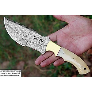 Ottoza Tracker Knife & Bone Handle - Damascus Hunting Knife - Horizontal Carry Knife Sheath 115