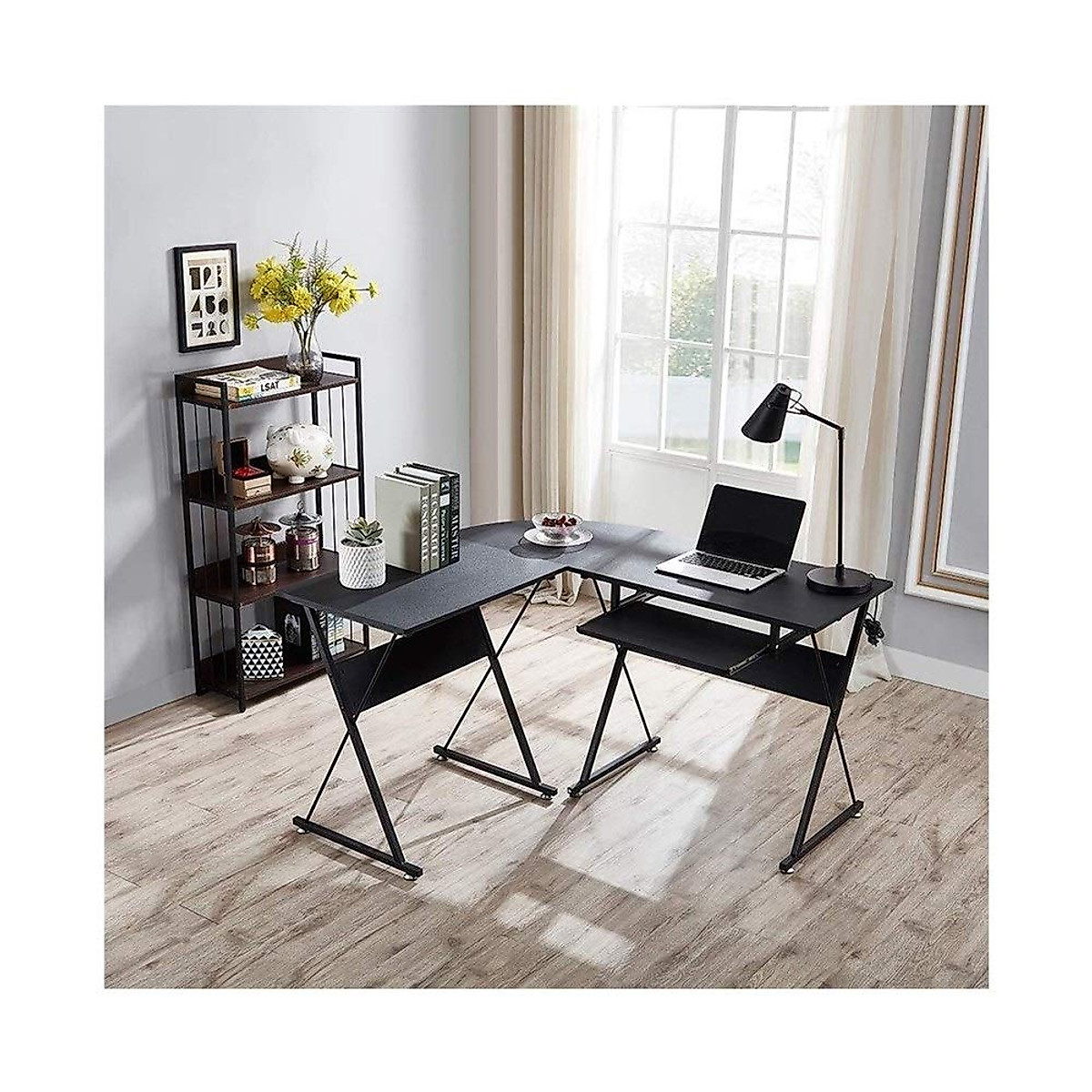 Desk L Shaped Computer with Keyboard Tray, Wood Reversible Corner, L- Shaped Gaming Home Office PC Study Table Workstation Wooden Black Round Corner