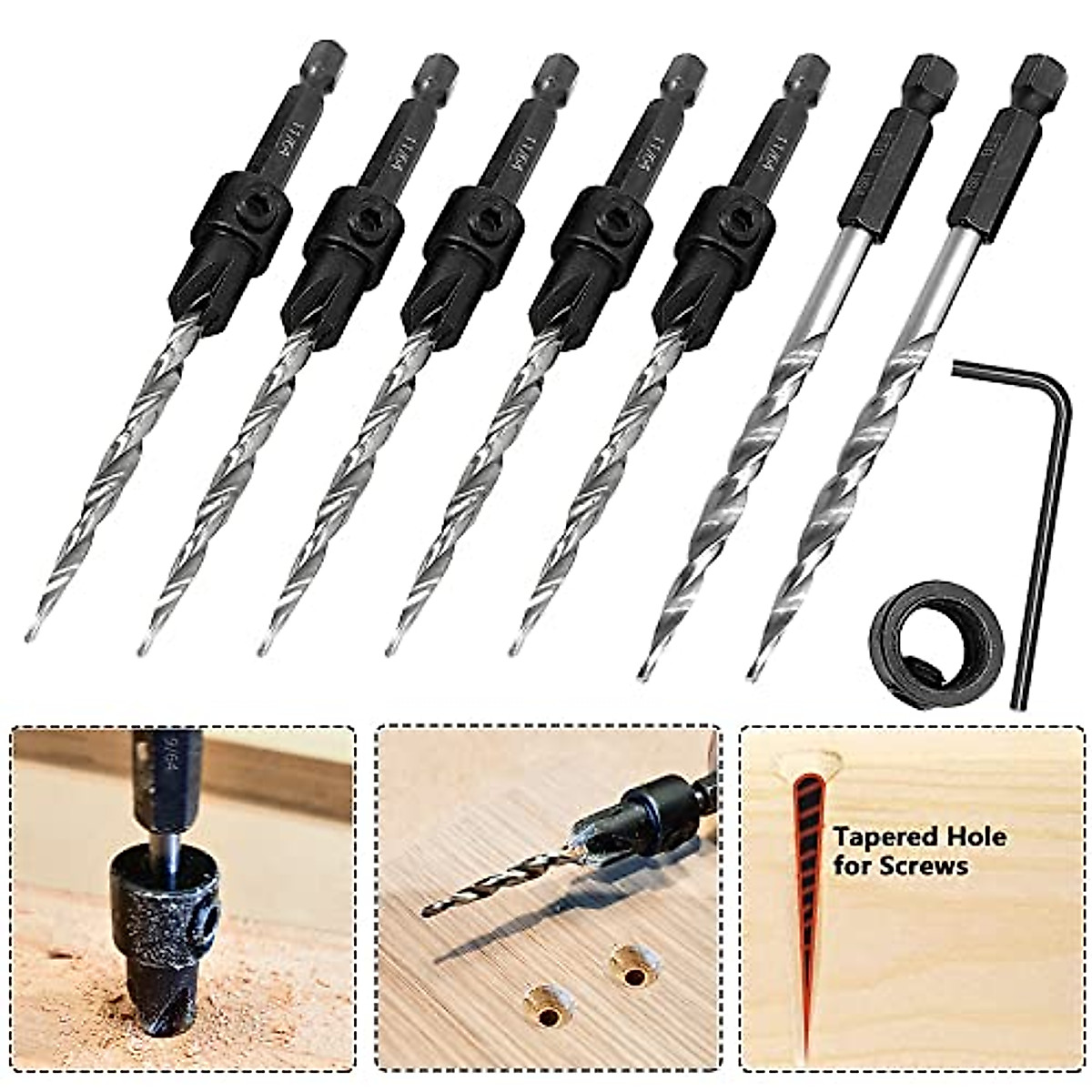 Saipe 5pcs Wood Countersink Drill Bit Set with 2pcs Counter Sinker Replacement Tapered Drill Bit All Same Size 11/64" Quick Change Hex Shank Screw Drill Counter Sink Bit for Drilling Pilot Hole