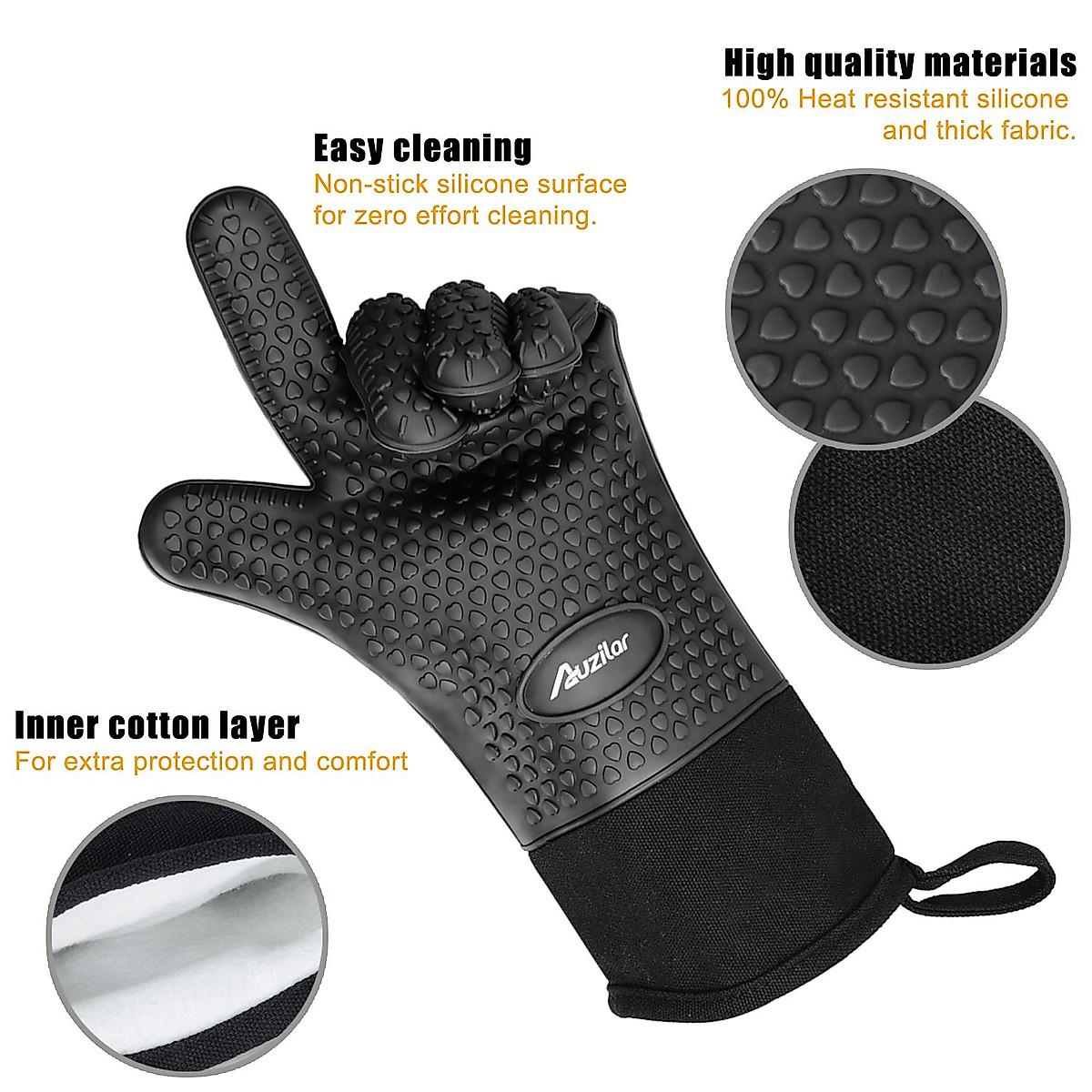 Auzilar Silicone Cooking Gloves, Grilling Gloves, Heat Resistant Gloves BBQ Kitchen Silicone Oven Mitts, Long Waterproof Non-Slip Potholder for Barbecue, Cooking, Baking