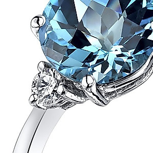 PEORA 14K White Gold Swiss Blue Topaz and Diamond Ring for Women, Natural Gemstone Birthstone, 2.25 Carats Round Shape 8mm, Size 7