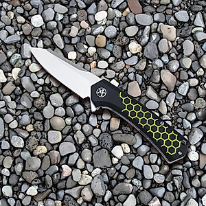 ALBATROSS Pocket Folding Knife, 3" D2 Steel Satin Blade, 4.5" Black G10 Handle with Hexagonal Pattern, Liner Lock, FK055 (Yellow)