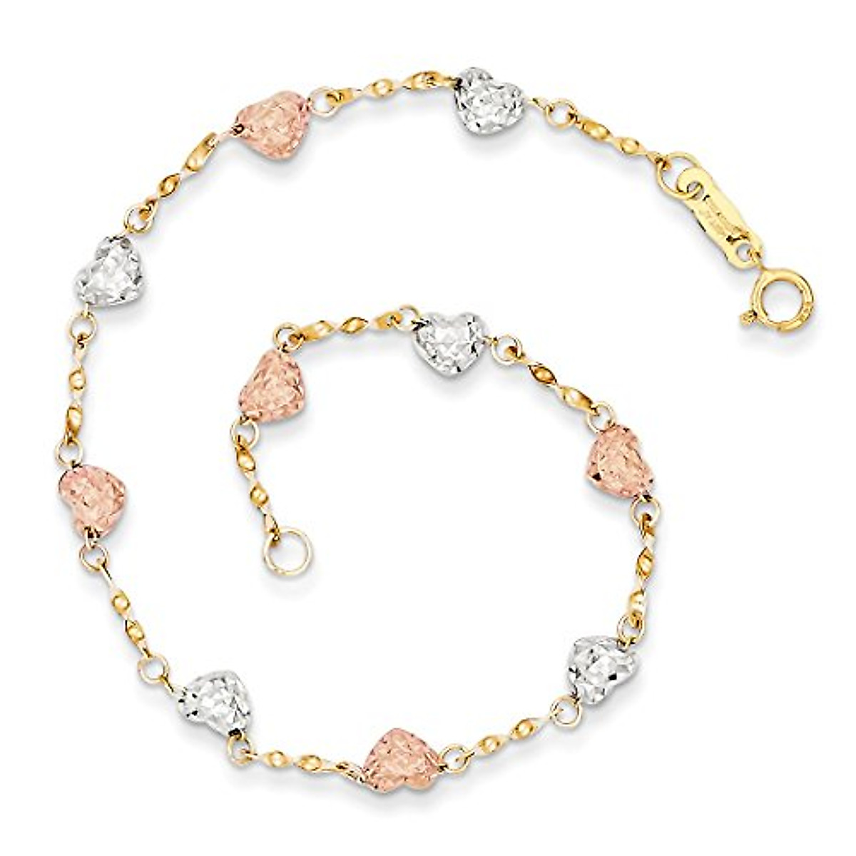 IceCarats 14K Tri Color Gold Heart Love Chain Charm Bracelet 7 inch