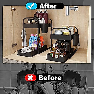 [2 Pack] Adjustable Height Under Sink Organizers and Storage, 2-Tier Cabinet Organizer With Hooks, Hanging Cup, Handles, Organization and Storage for Kitchen Sink Bathroom, Four gears height Fodayuse