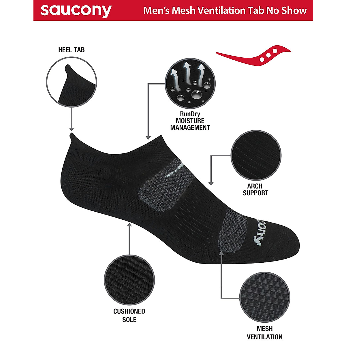 Saucony Men's Mesh Ventilating Comfort Fit Performance Tab Socks, 6/12, M-XL, Black (6 Pairs), Large