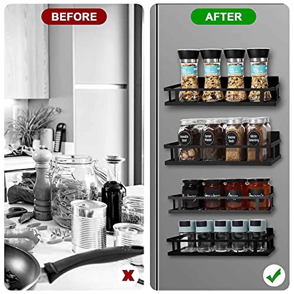 ZYIHAO Magnetic Spice Rack for Refrigerator Magnetic Shelf 4PCS Spice Racks Organizer for Cabinet Hanging Spice Rack Wall Mount Kitchen Organization and Storage Oven Shelf Fridge Organizer, Black