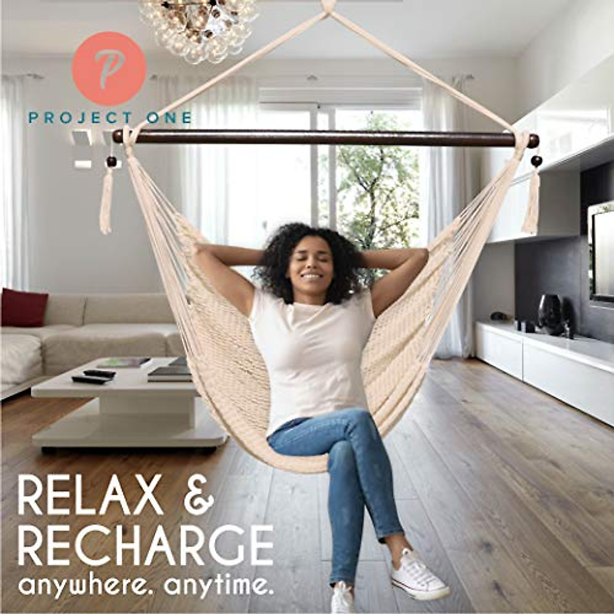 Project One Caribbean Double Hanging Hammock Chair with Soft-Spun Polyester Rope, Max 330 LBS, with Full Hanging Kit Great for Indoor, Outdoor, Home, Patio, Yard, Garden 48 Inch (Cream)