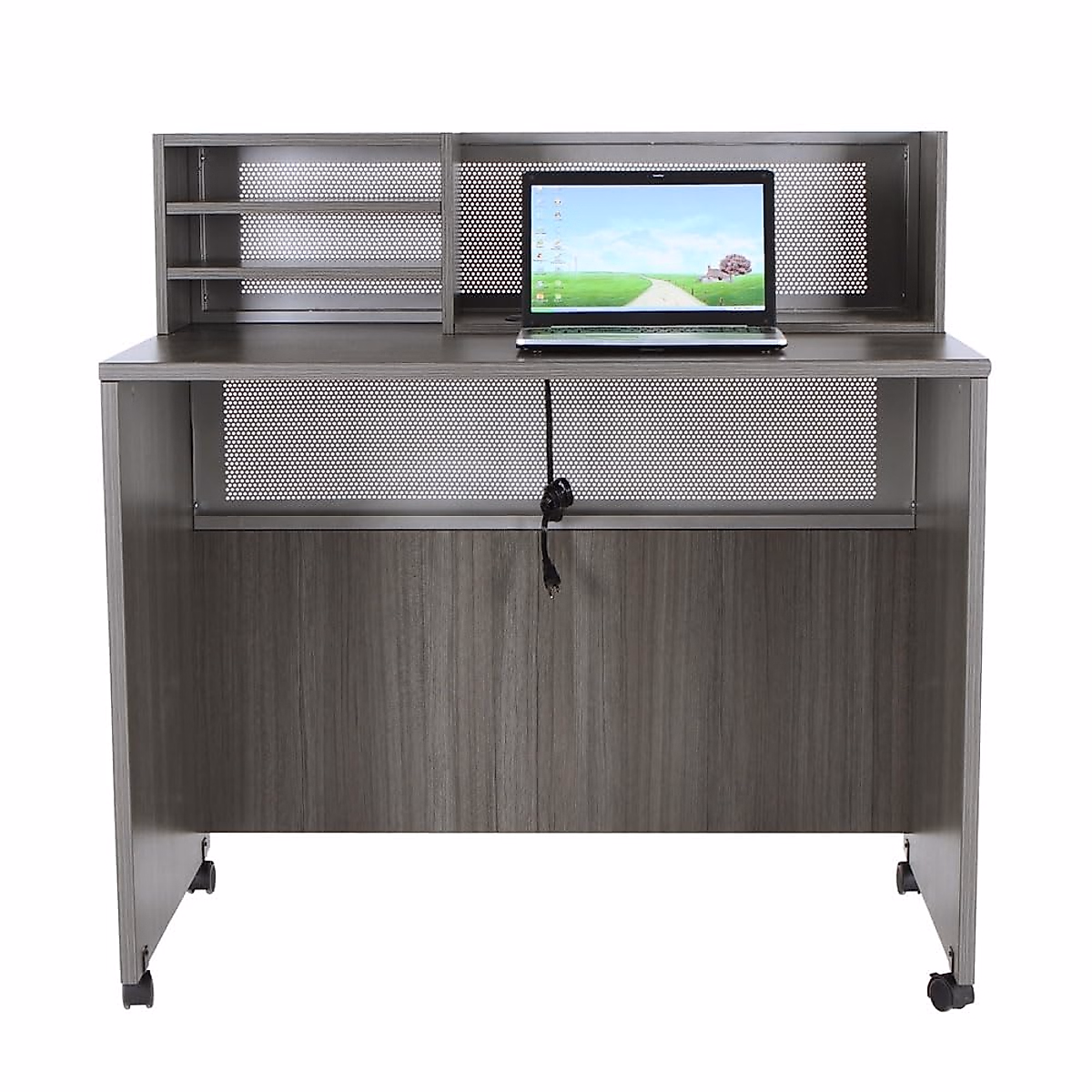 nbf signature series Modern Reception Desk - at Work Mobile Standing Height Checkout Counter Station - 48" W x 30" D Gray Laminate for Front Desk Use and Reception Counter
