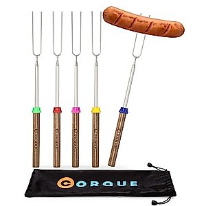 CORQUE Marshmallow Roasting Sticks, Smores Sticks, Extendable, Camping Skewer for Fire Pit, Wooden Handle, 32inch Metal for BBQ Hotdog, Cooking, Campfires, Bonfires, Set of 5