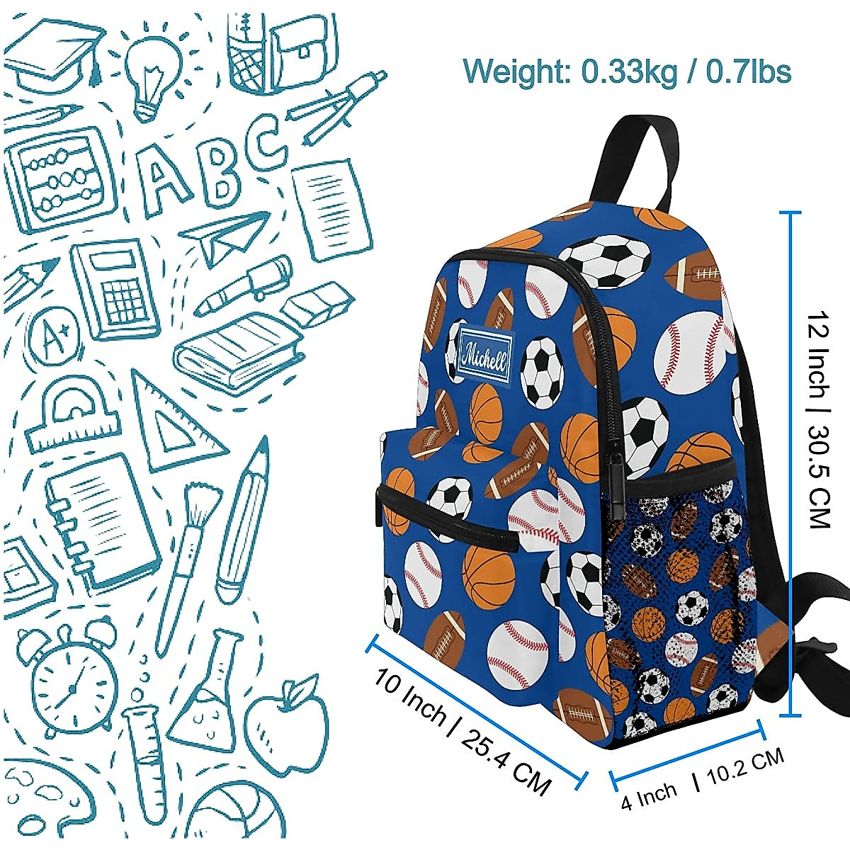 Emelivor Custom Football Blue Toddler School Backpack Children Kids Sports School Bag for Children Personalized Lightweight Toddler Bookbag with Chest Strap