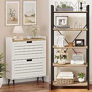 FATORRI Industrial 5 Tier Bookshelf and Shoe Cabinet for Entryway Hallway Living Room (Rustic Oak+White Oak)