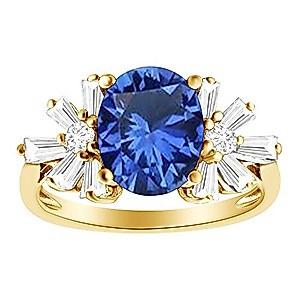 AFFY Oval Shape Simulated Blue Sapphire with White CZ Starburst Engagement Ring in 14K Yellow Gold Over Sterling Silver Ring Size-8