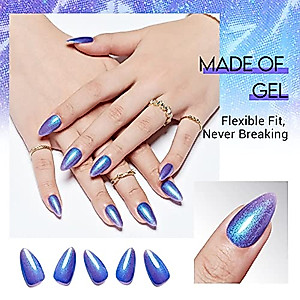GLAMERMAID Jelly Press on Nails Almond- Handmade Gel Nails Series | Blue Glitter Galaxy Fake Nails Medium Short Length Shimmer Acrylic False Nail Kits Stick Glue on Nails Sets Reusable Full Cover for Women Girls Gift, 24Pcs
