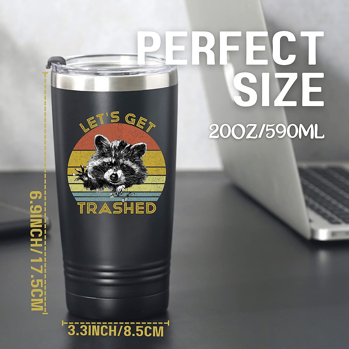 Raccoon Gifts for Men and Women, Insulated 20 oz Stainless Steel Travel Tumbler with Straw, Brush, Lid, and Gifts Box, LET'S GET TRASHED