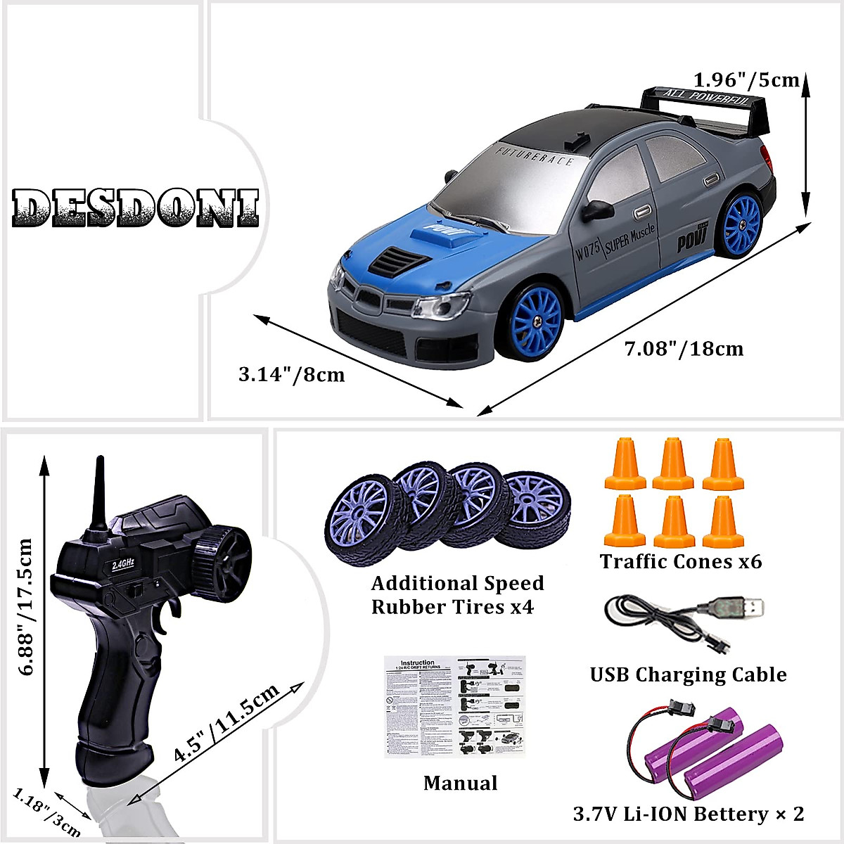 Remote Control Car RC Drift Car 2.4GHz 1:24 Scale 4WD High Speed RC Cars Vehicle with LED Lights Batteries and Drifting Tires Racing Sport Toy Cars for Adults Boys Girls Kids Gift