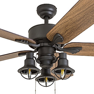 Prominence Home Sivan, 52 Inch Farmhouse LED Ceiling Fan with Light, Pull Chain, Three Mounting Options, 5 Dual Finish Blades, Reversible Motor - 50651-01 (Bronze)