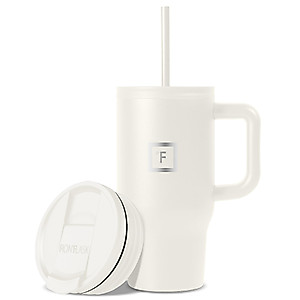 IRON °FLASK Co-Pilot Insulated Mug w/Straw & Flip Cap Lids - Cup Holder Bottle for Hot, Cold Drink - Leak-Proof- Water, Coffee Portable Travel Tumbler - Cashmere Cream, 16 Oz