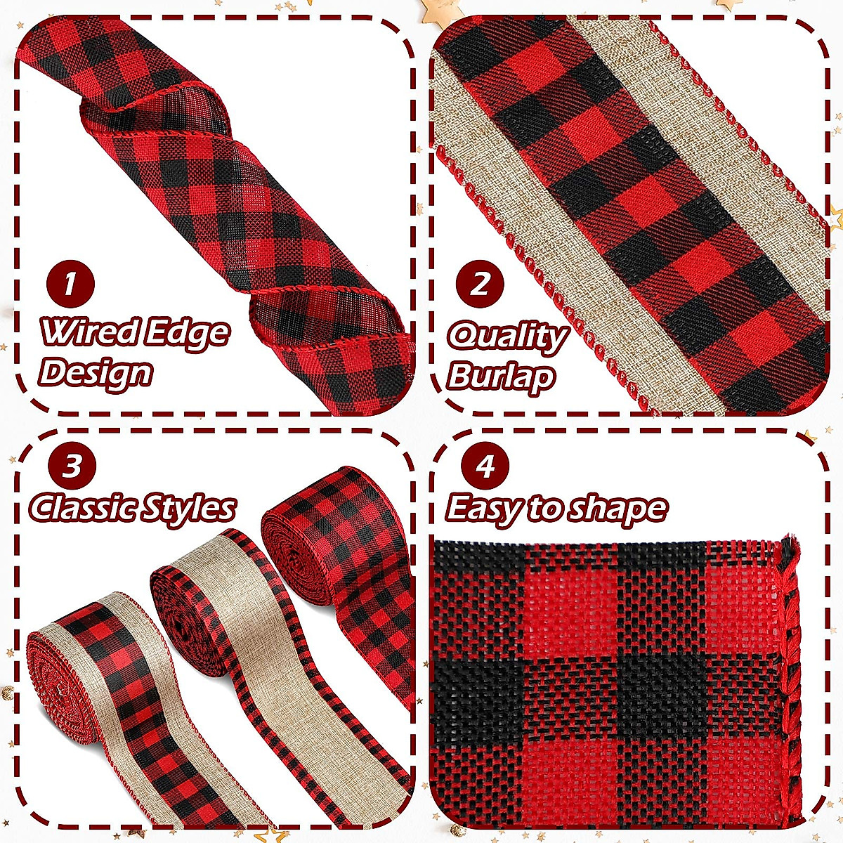Jutom 3 Rolls Christmas Buffalo Plaid Ribbon Burlap Wired Edge Plaid Ribbons Christmas Wrapping Ribbon for Christmas Crafts DIY Bows Xmas Home Party Wrapping 2.53 Inch x 6 Yards(Red and Black)