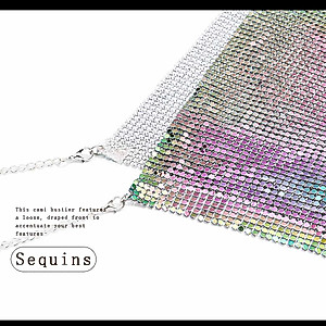 Foyte Boho Shiny Sequins Body Chain Top Deep V Neck Bra Body Jewelry Bikini Crop Top Shirt Waist Chains Nightclub Party Body Jewelry Accessory for Women