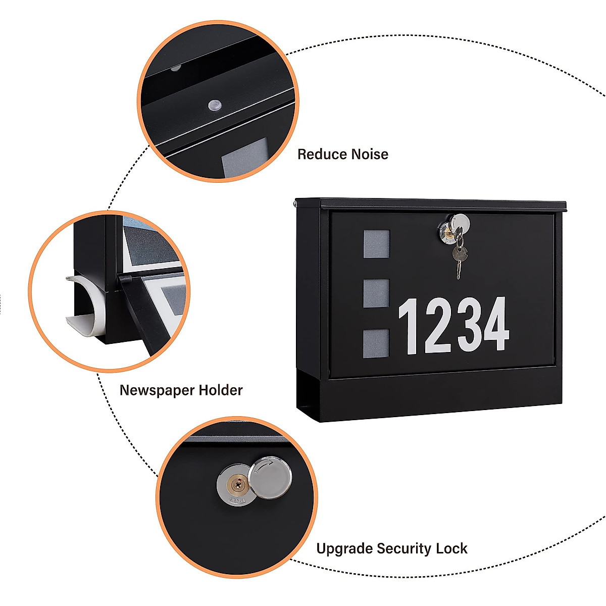 LAND·VOI Locking Mailbox Wall Mounted, Metal Postbox with Three Sets of Mail Box Number Stickers, 4 Keys, 14.4" x 4.5" x 11.2", Large Capacity, Black, AMB11B