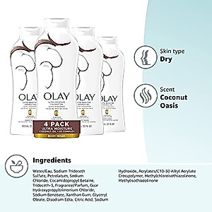 Olay Ultra Moisture Coconut Oasis Body Wash, for Smooth and Healthy Looking Skin, 22 Fl Oz (Pack of 4)