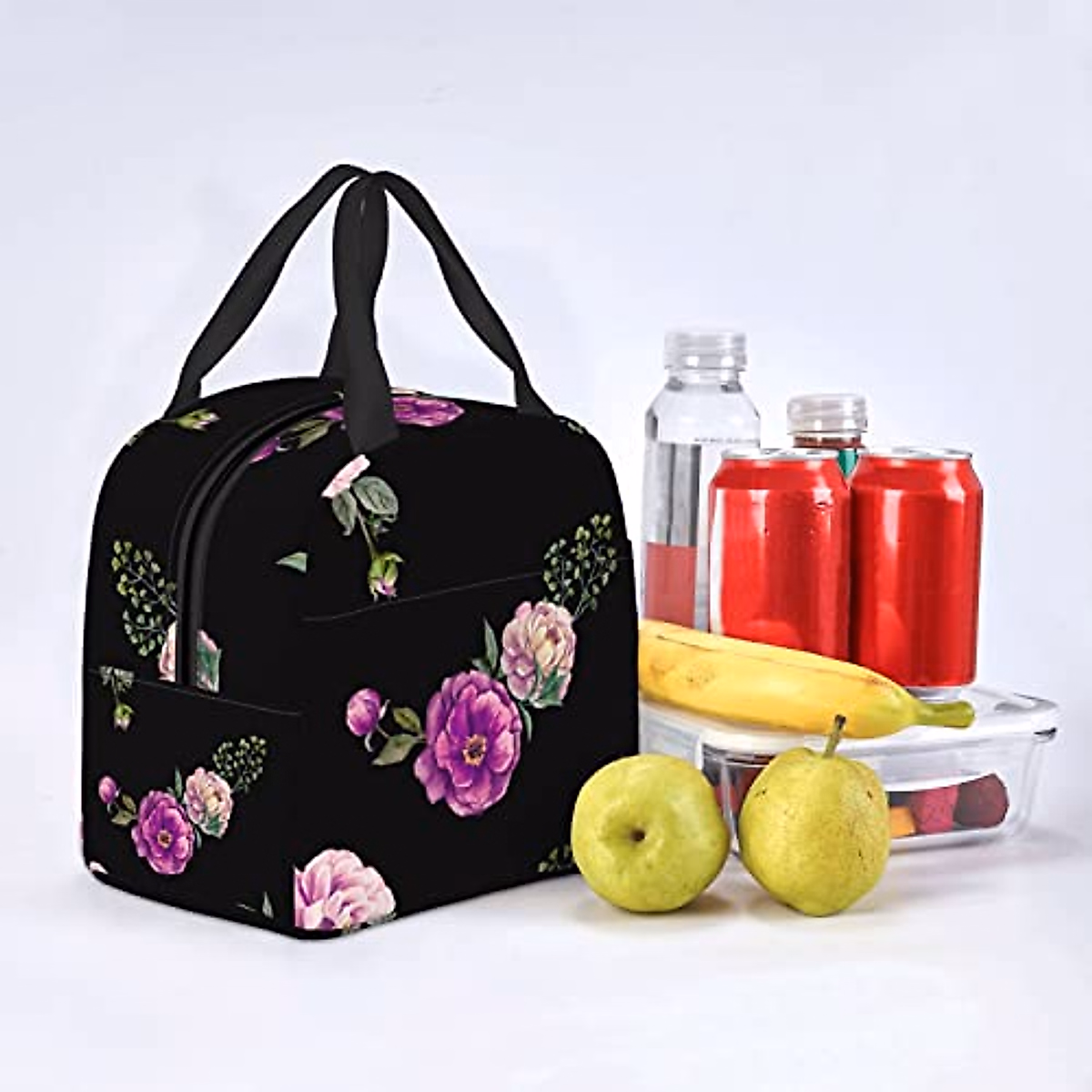 Reusable Lunch Tote Bag Watercolor Purple Floral Roses Insulated Lunch Bag Durable Cooler Lunch Box