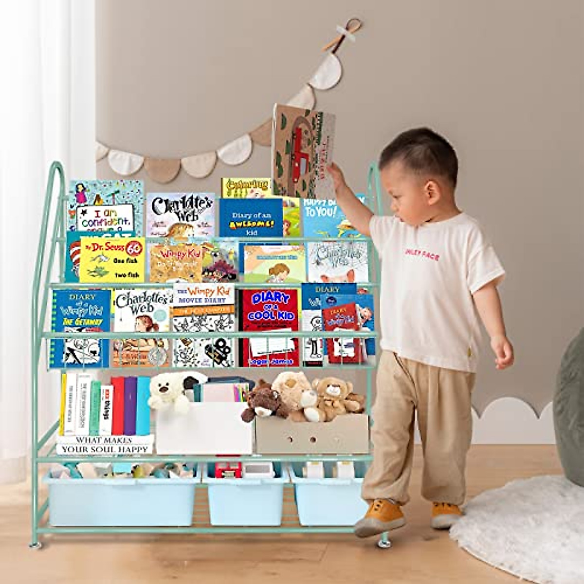 aboxoo Metal Kids Bookshelf Green Freestanding for Children Room 32 in Toy Organizer Large White Stable Bookcase Bookstore Living Room Bed Room Library Book Unit Storage