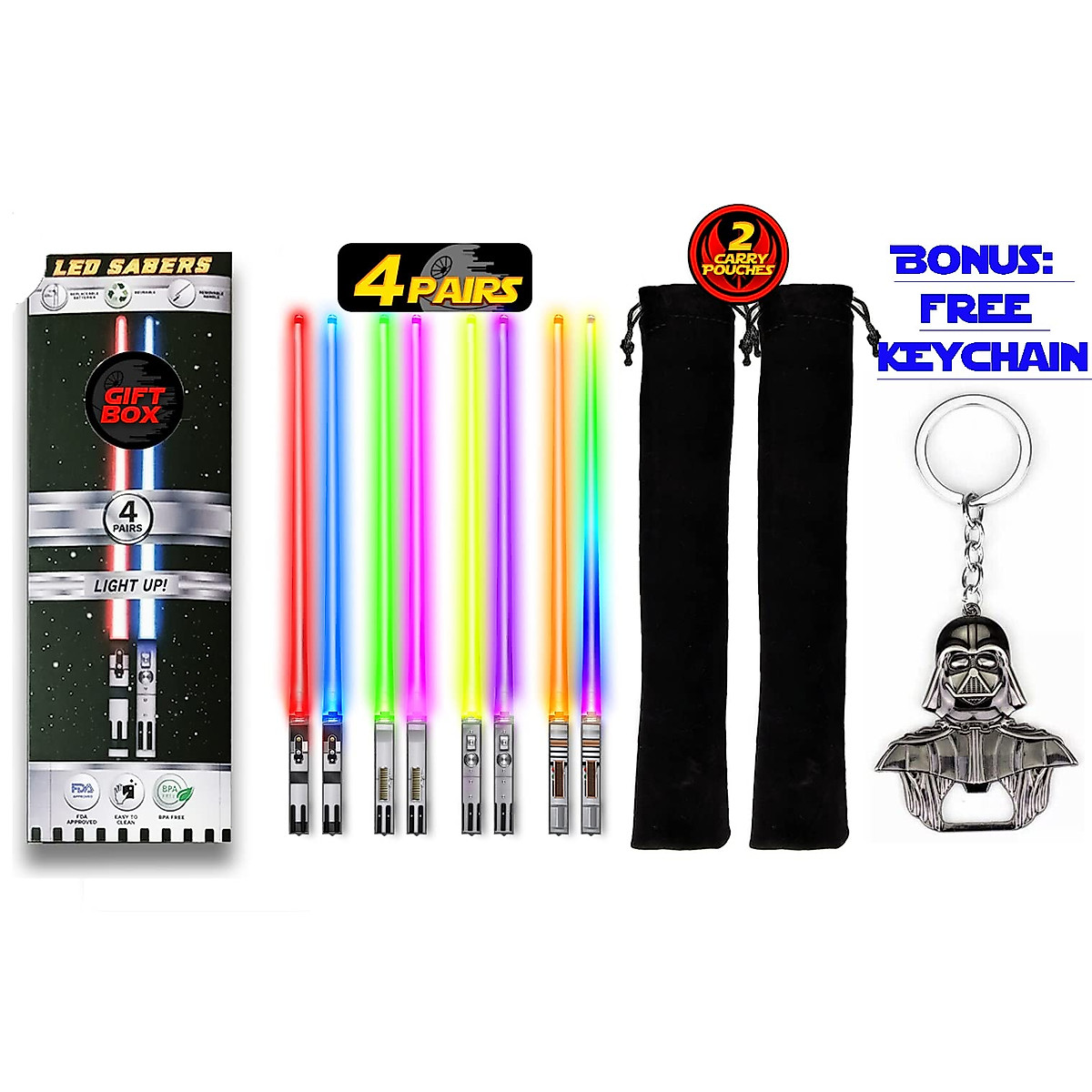 Lightsaber Chopsticks Light Up Star Wars LED Reusable 8 Color Modes 4 PAIRS FREE Darth Vader Keychain Bottle Opener